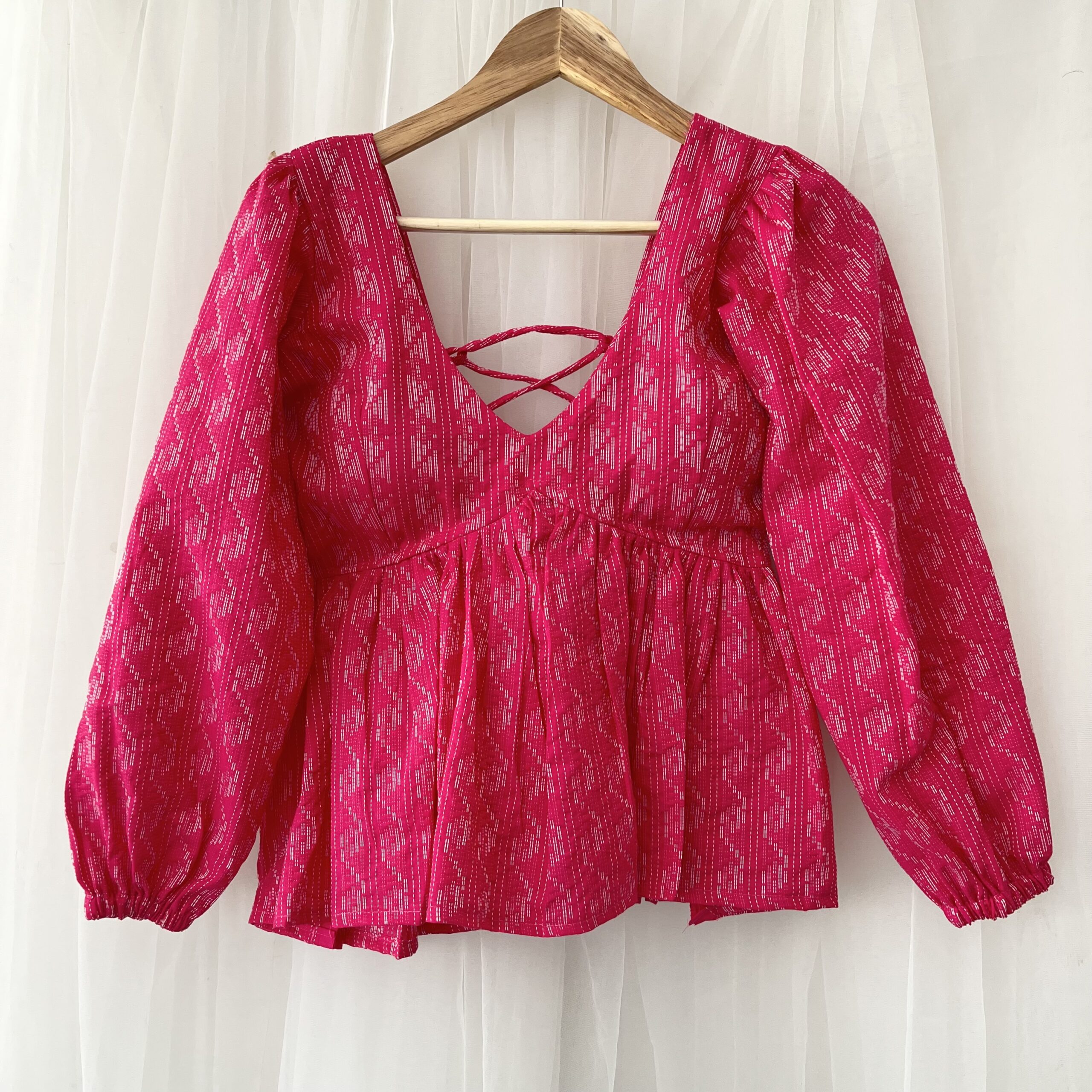 Pink Kantha Deep V-Neck Puffy Sleeves Cotton Top
