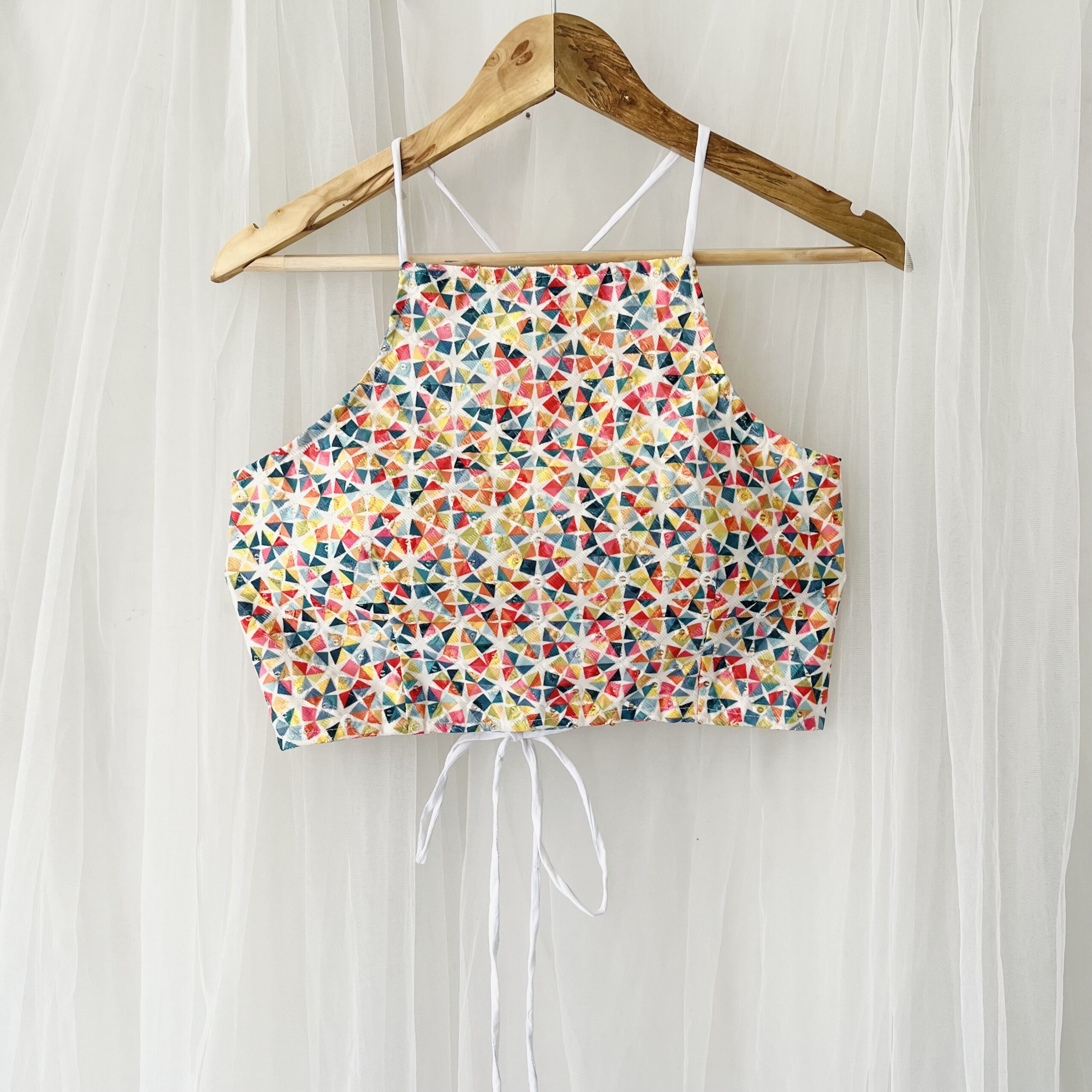 Multi Colour Embroidery Criss Cross Backless Satin Top