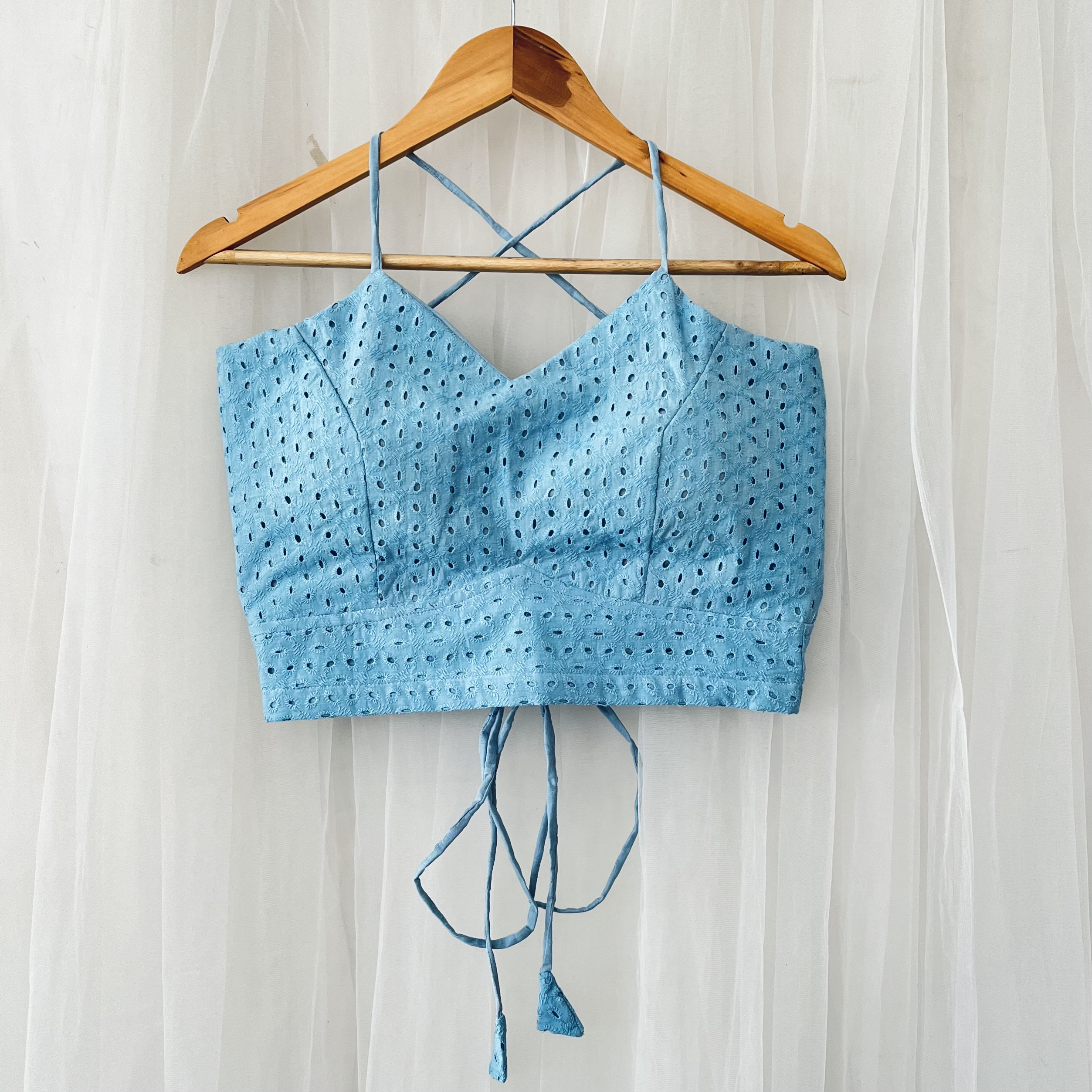 Baby Blue Hakoba Back Knot Cotton Top