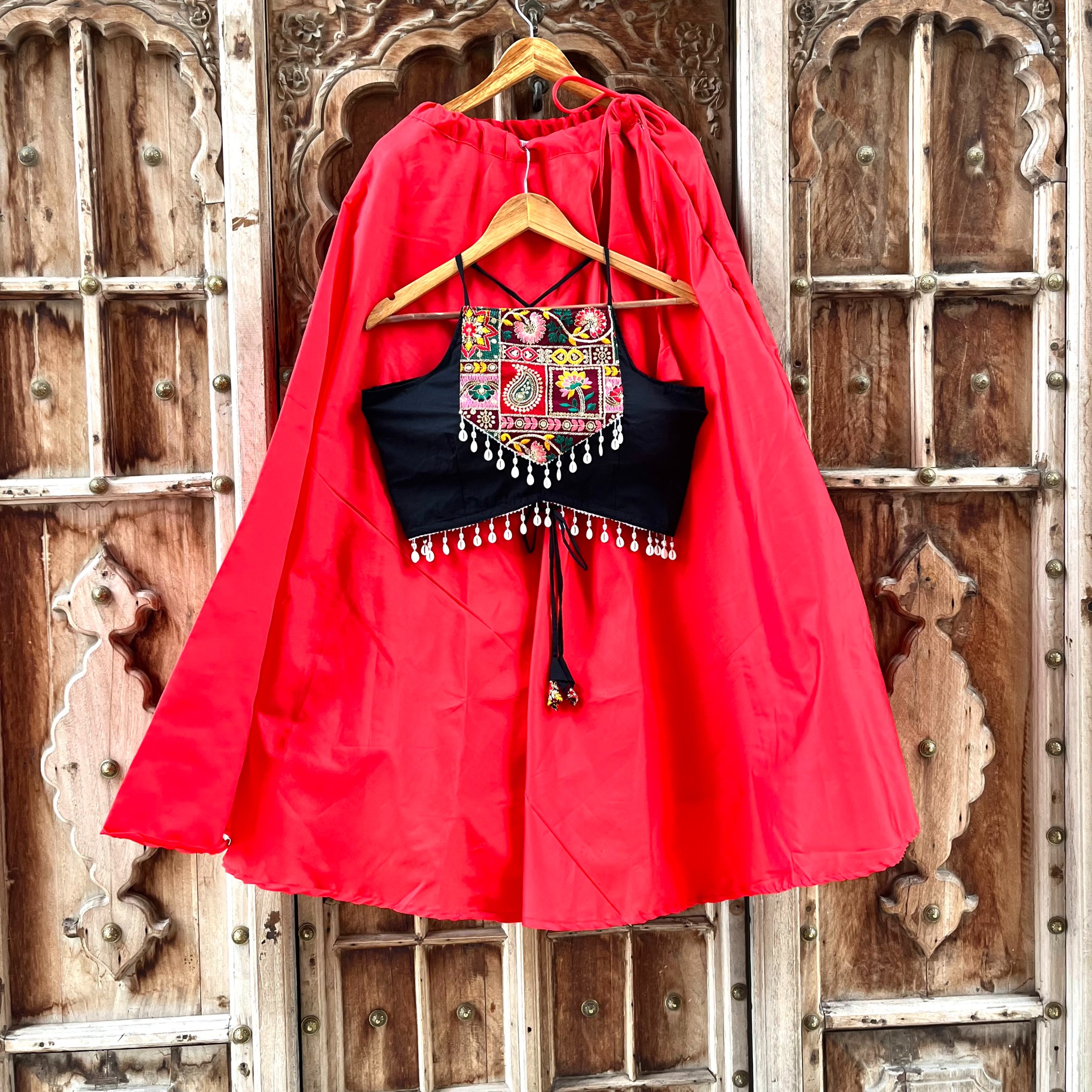 Navratri special Black Embroidery Back Criss Cross Blouse with Red ...