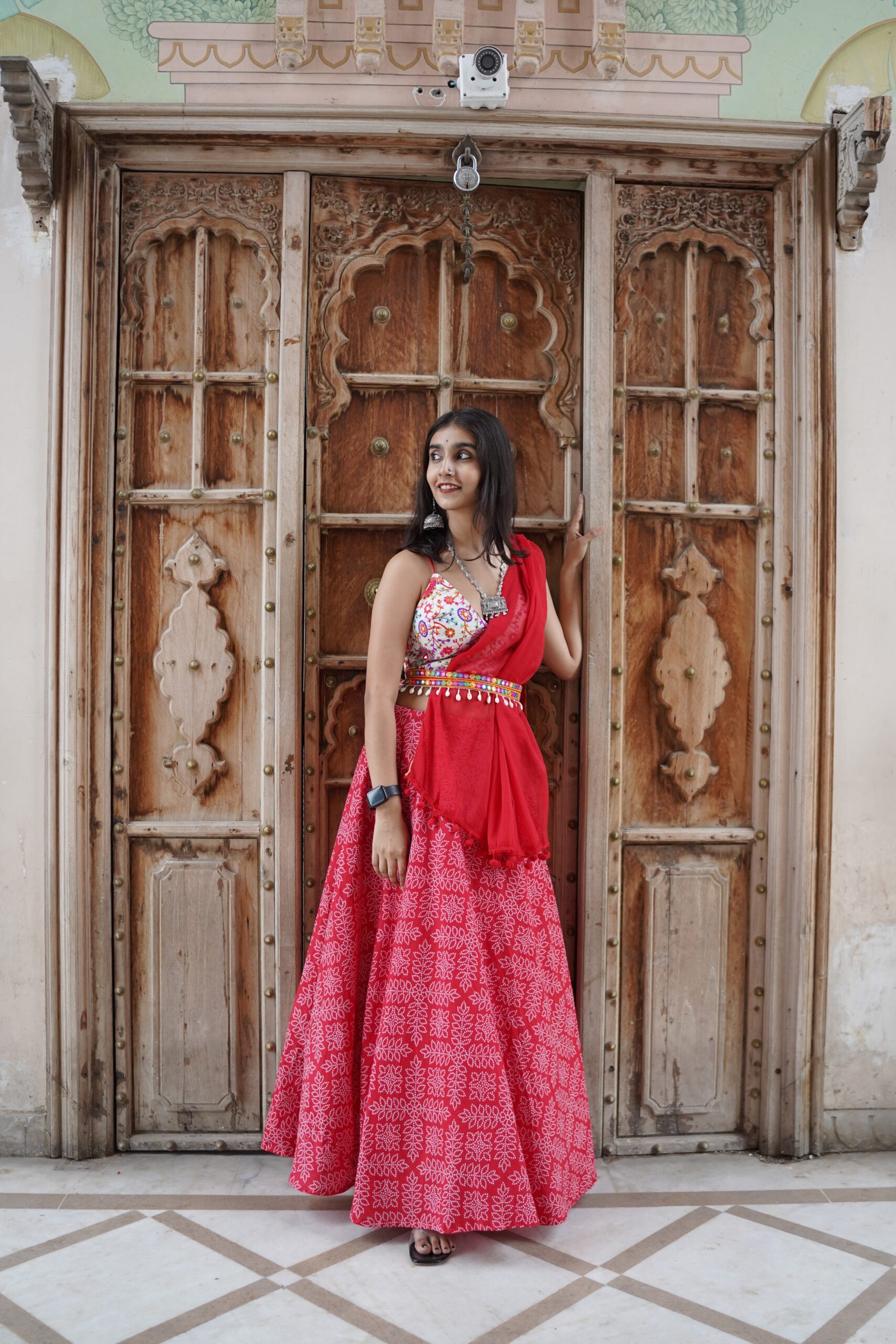 Off White Multi Colour Embroidery Work Choli with Red Chundari Flared ...