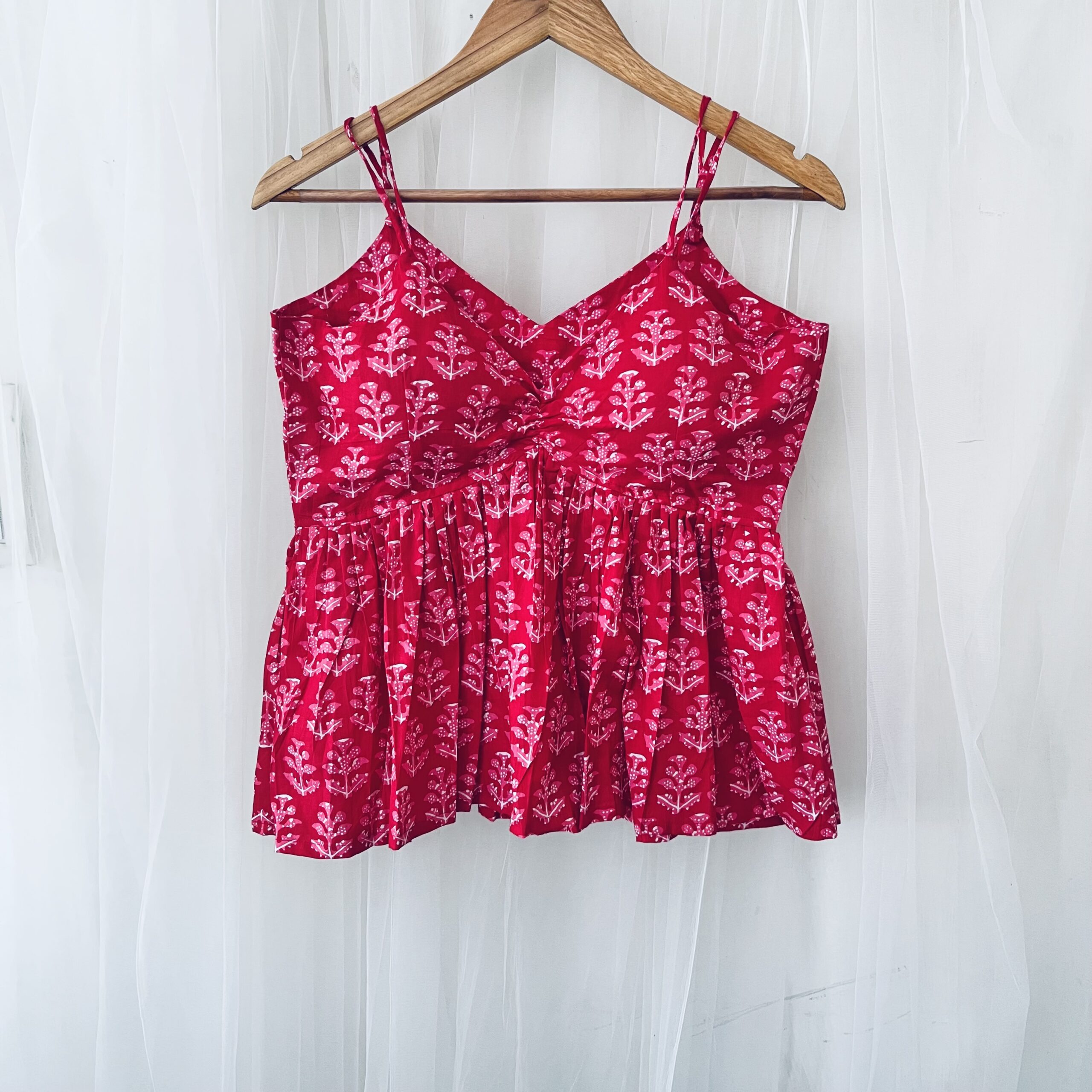 Cherrish Red Motif V-Neck Noodle Strap Cotton Top