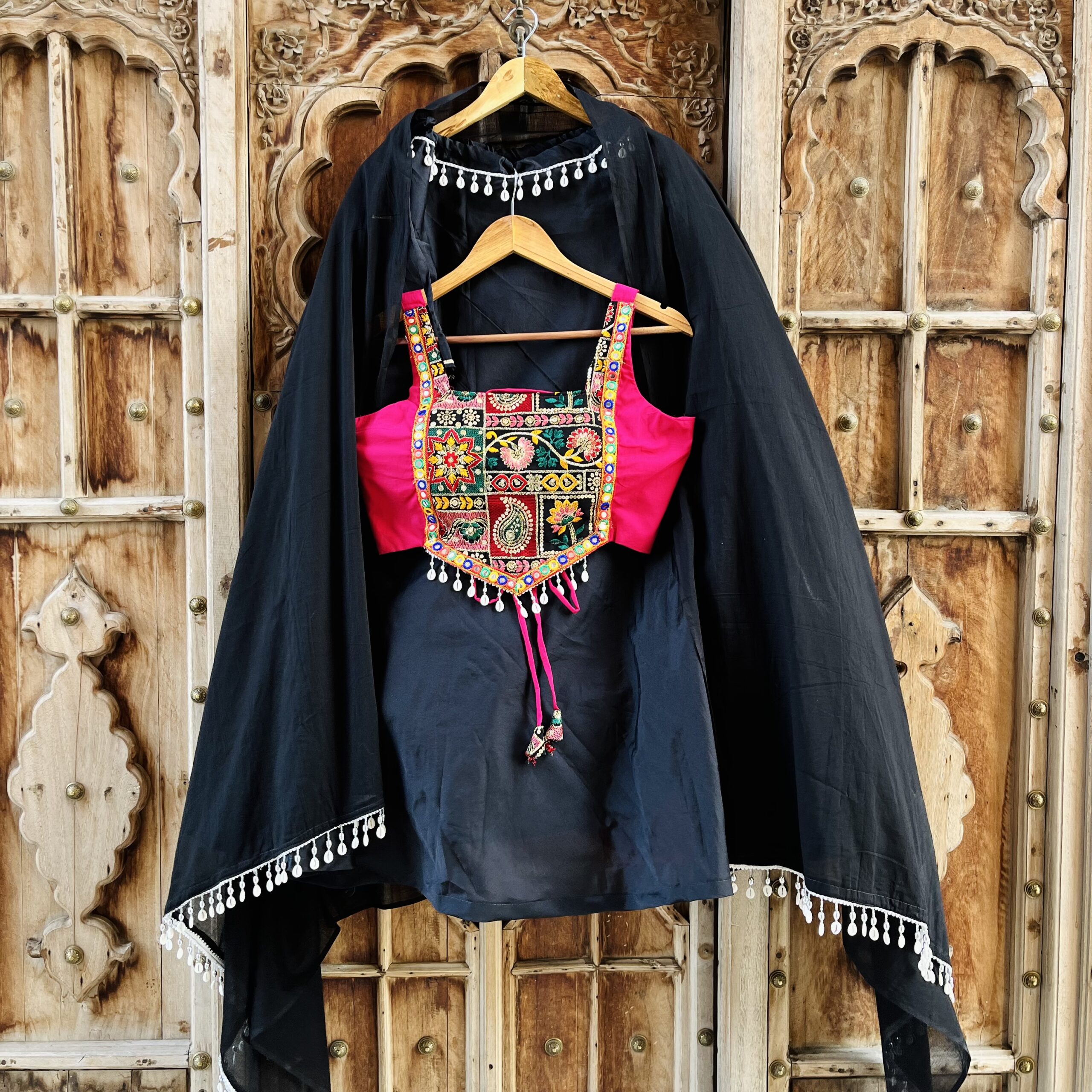 Jhanjhariya Black Skirt with Pink Blouse And Dupatta Navratri Set