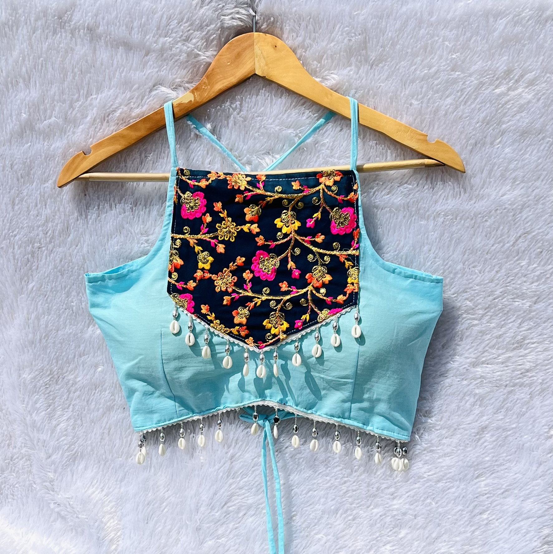 Baby Blue Embroidery Back Criss Cross Top