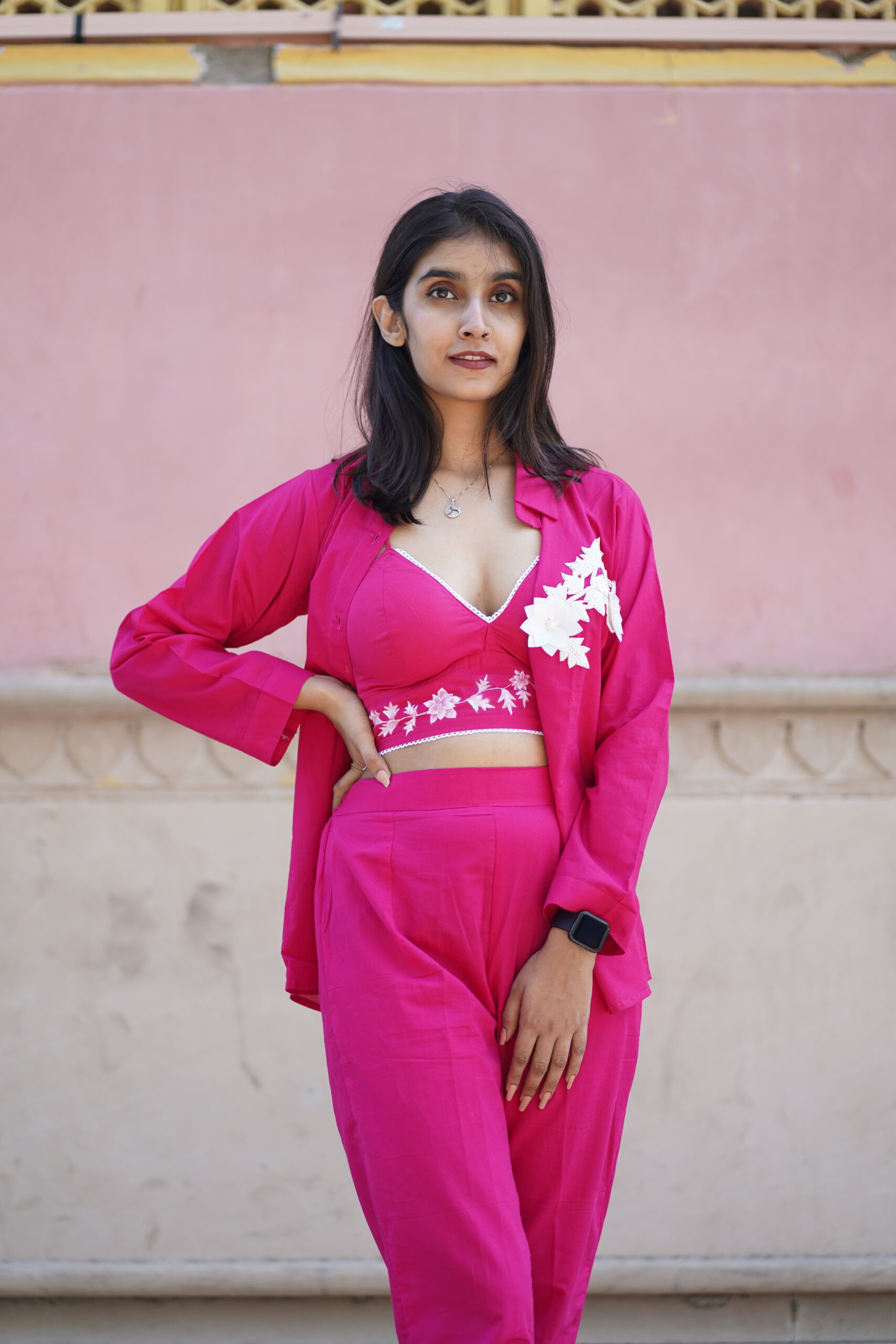 Hot Pink Combo of Handwork Shirt and Bralette