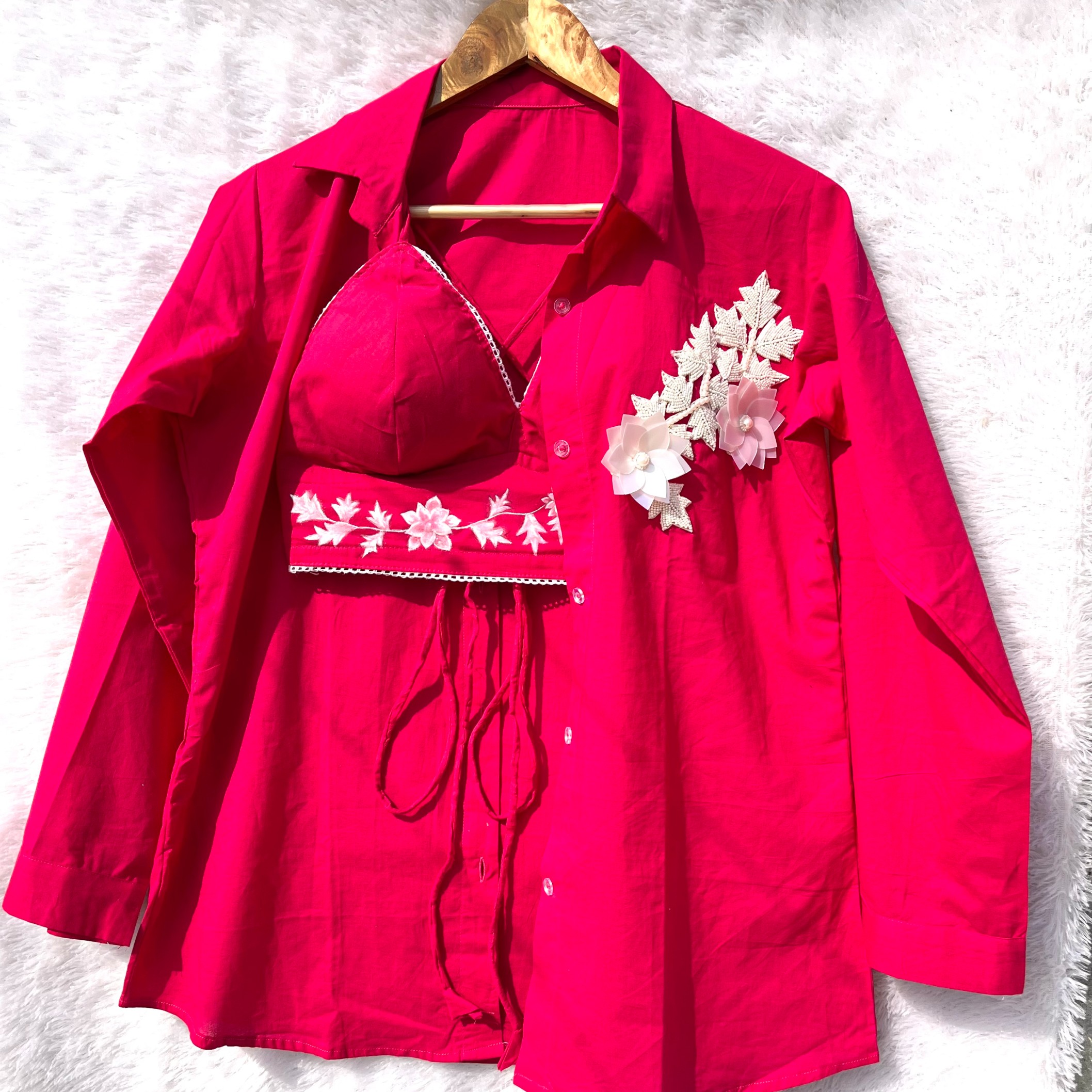Hot Pink Combo of Handwork Shirt and Bralette