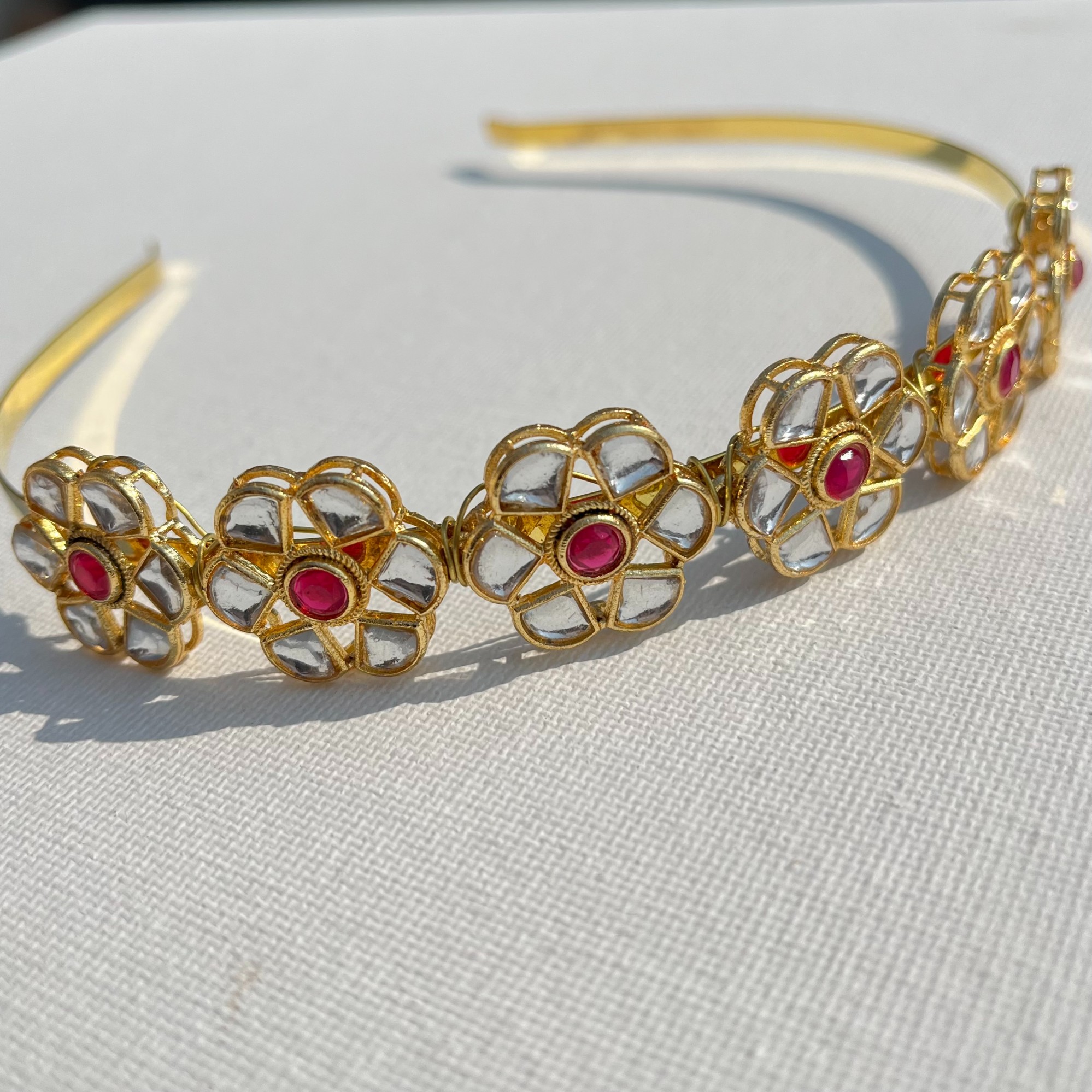 White Sheesh Red Phool Gold Hairband