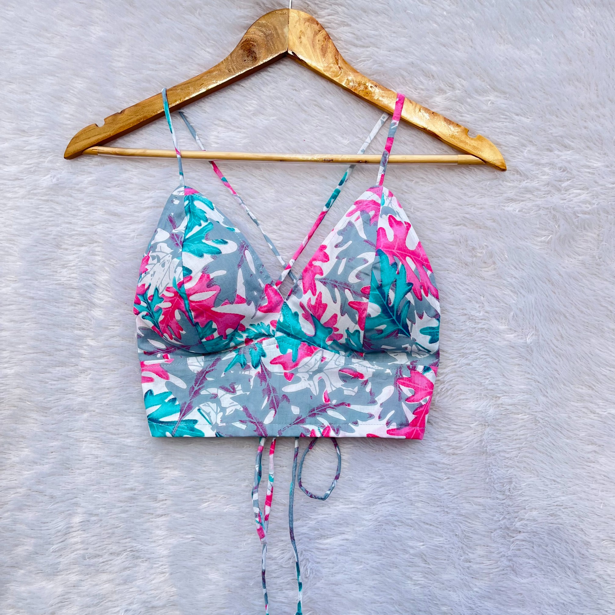 Pink Leaf Abstract Print Cotton Bralette