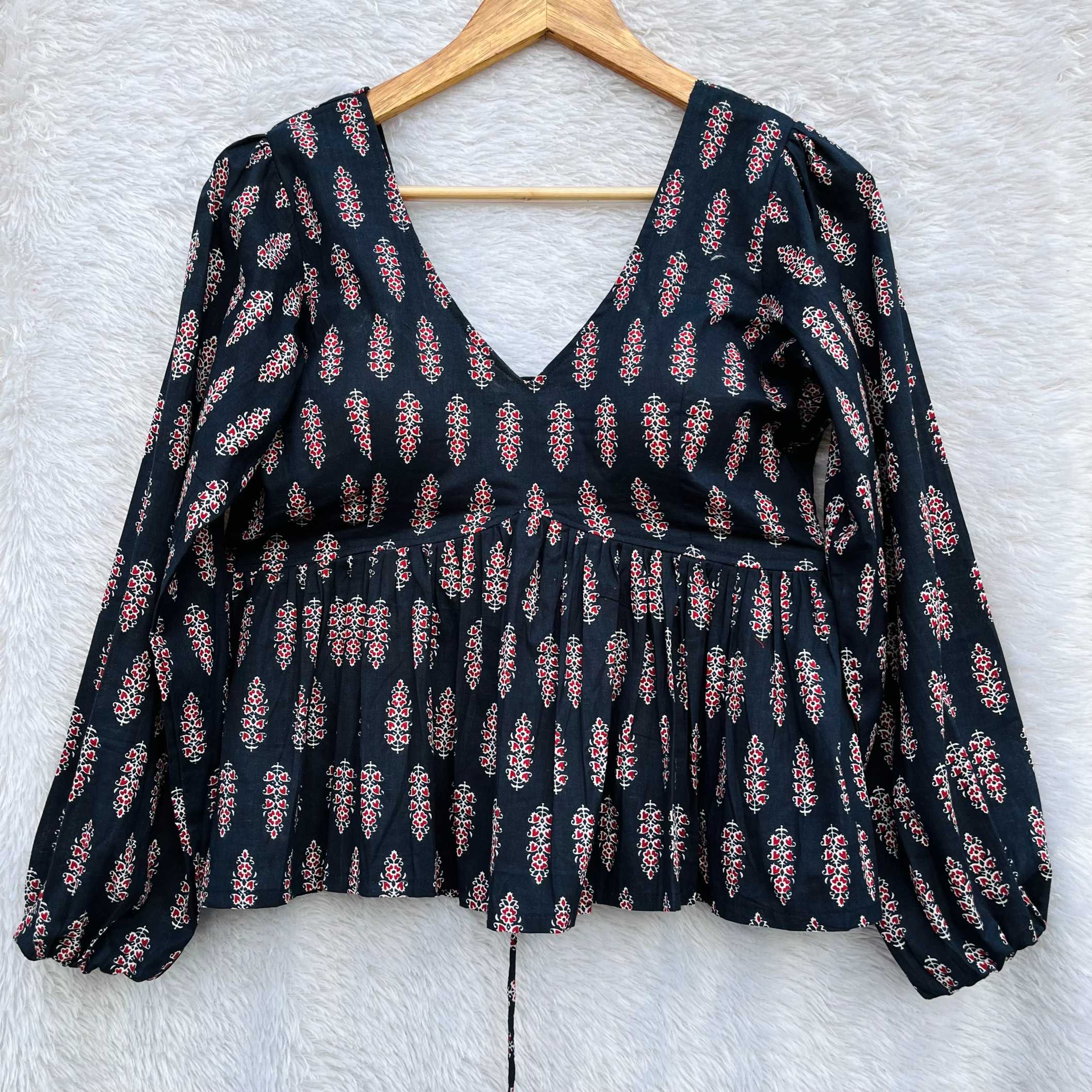 Black Block Print Full Puffy Sleeves Cotton Top