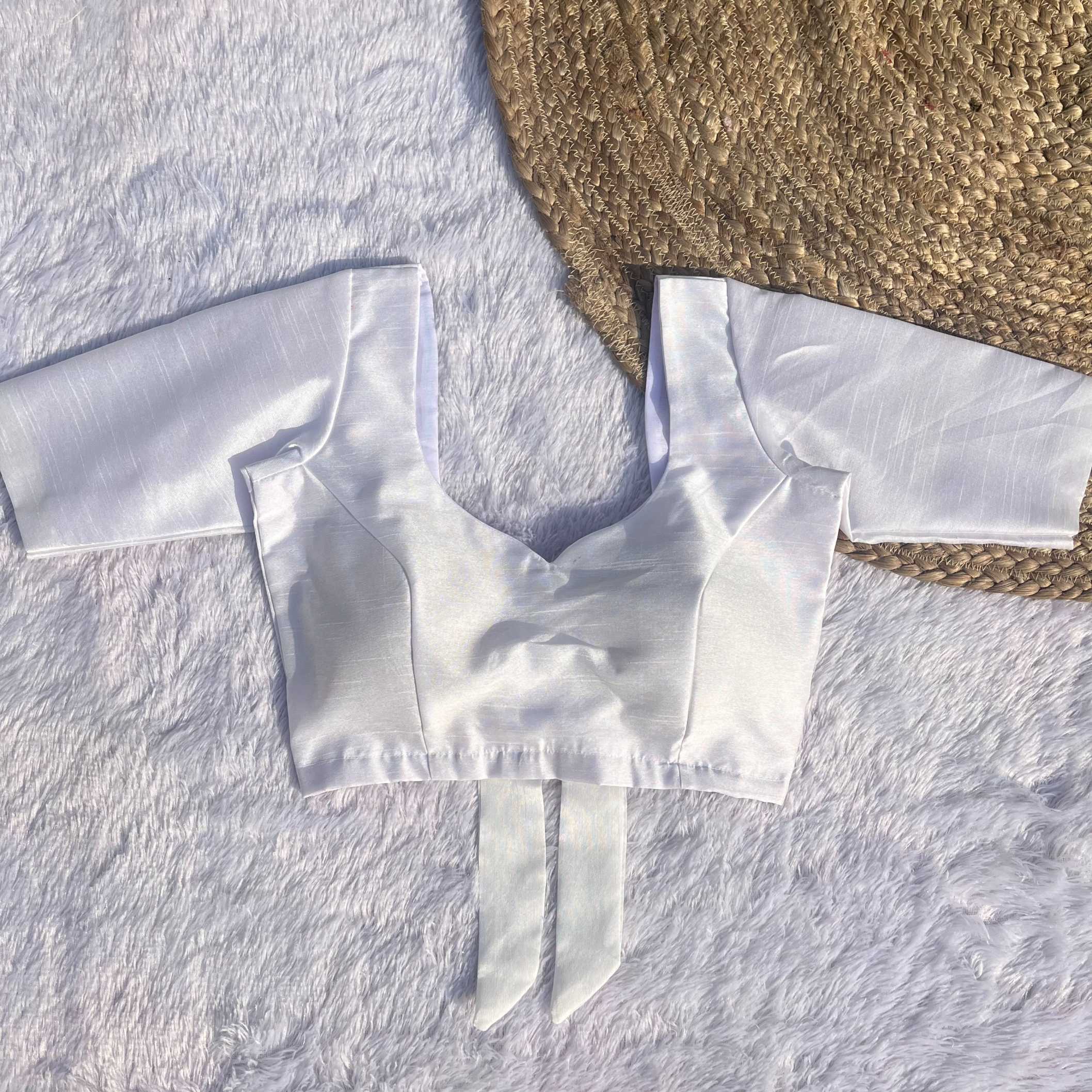 White Sheesh Elbow Sleeves Raw Silk Blouse