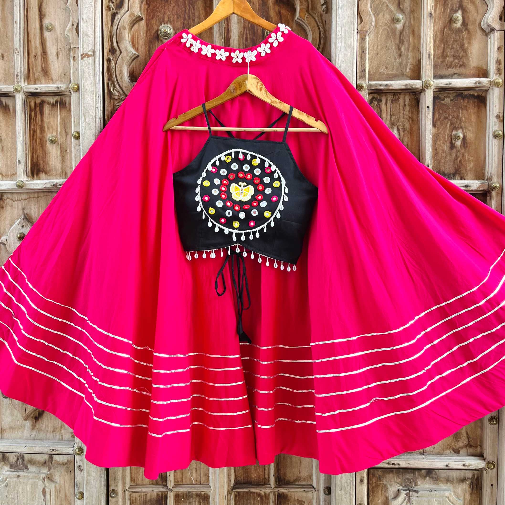 Navrangi Black Mirror Work Blouse and Pink Shell Full Flared Skirt