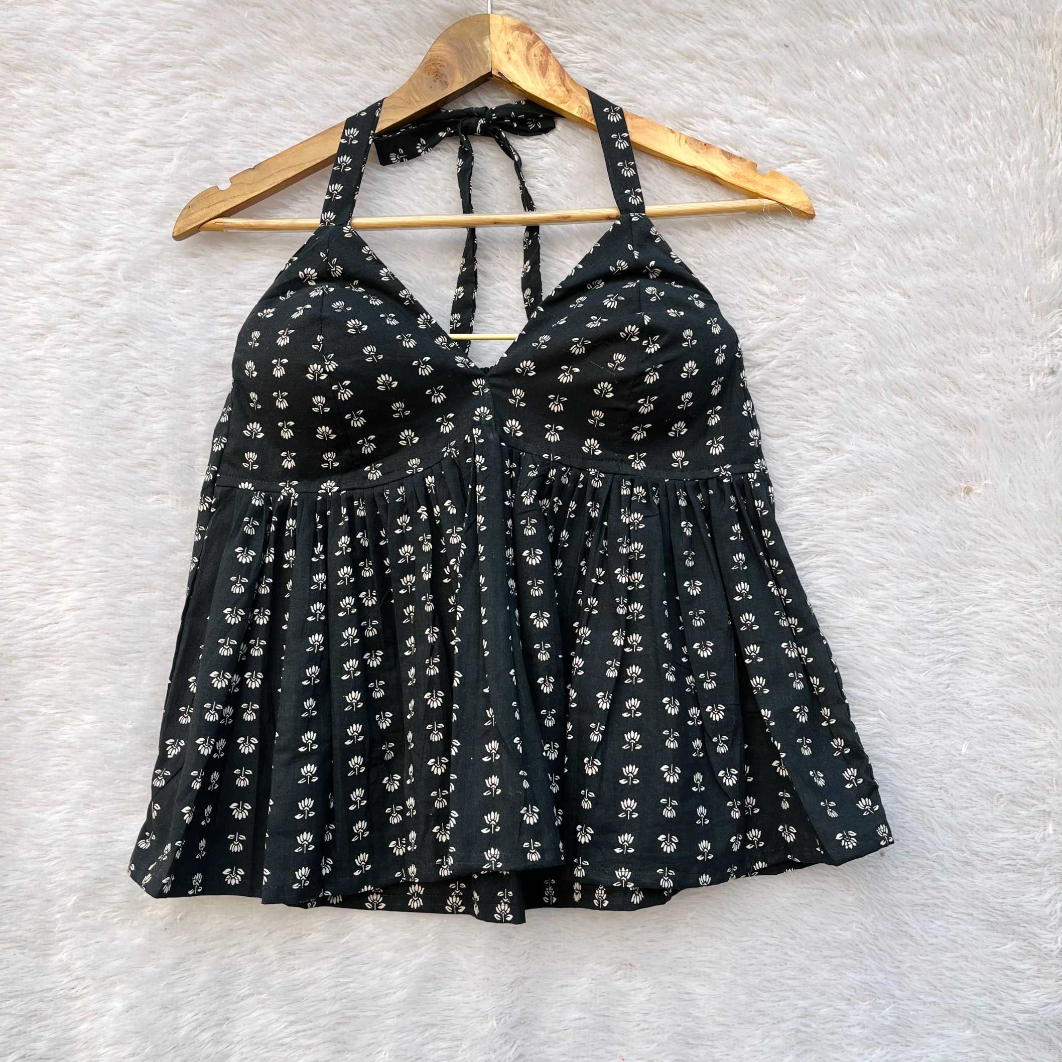 Black Lotus Halter neck Removable Cup Cotton Top